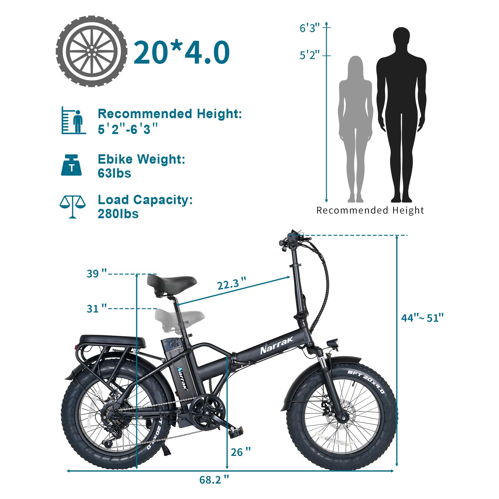 NARRAK Fat Tire Folding Electric Bike 48V 624Wh lithium Removable Battery Peak 1100W Brushless Motor Max Speed 28Mph M5 large LCD Display Suspension Step-Over Frame for Adults (S127-Bk/Or)