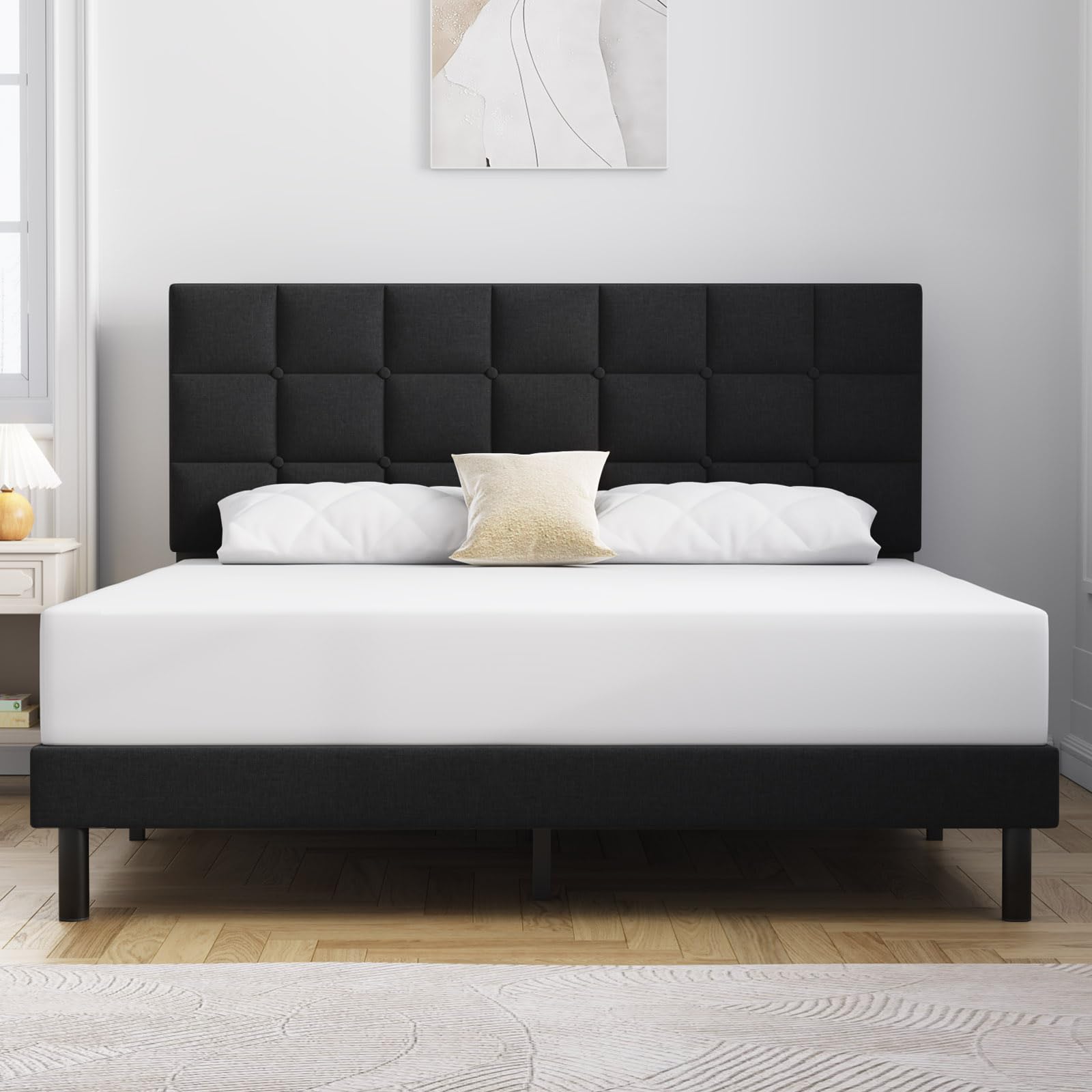 Molblly Queen Bed Frame Upholstered Platform with Headboard and Strong Wooden Slats,Non-Slip and Noiseless,No Box Spring Needed, Easy Assembly,Black