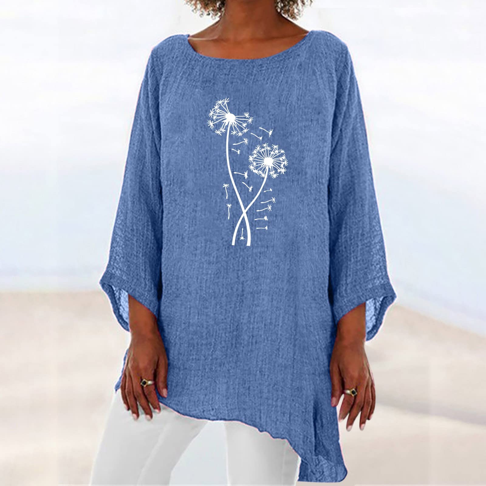 Women‘s Irregular Cotton Linen Tops Loose Printed Pullover Round Neck Shirts Fashion Thin Comfy Long Sleeve T Shirts