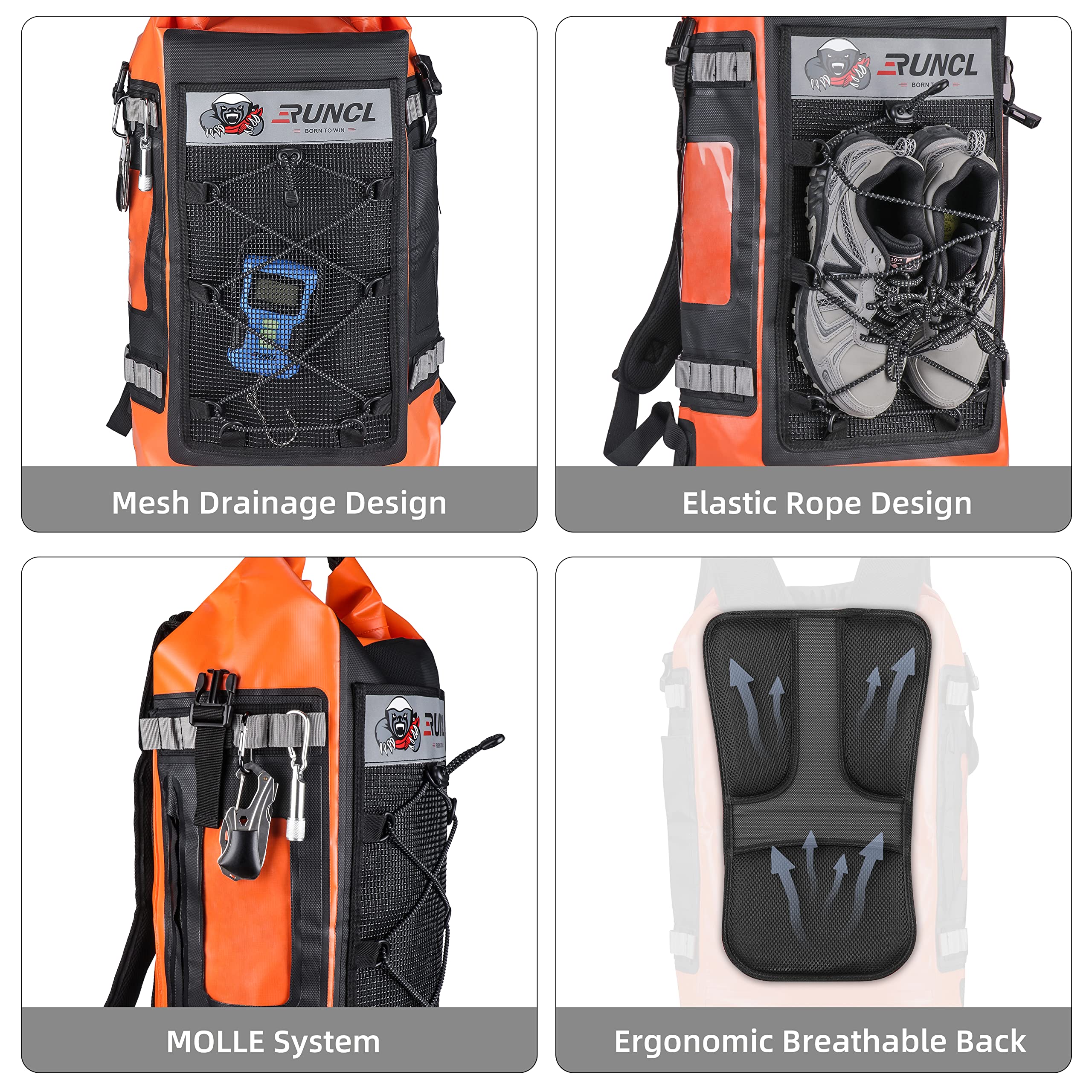RUNCL Waterproof Backpack, 30/40/55L Roll-Top Closure Dry Bag, with Side Zippered Pocket and Cushioned Padded Back Panel, IPX8 Waterproof Phone Case Included