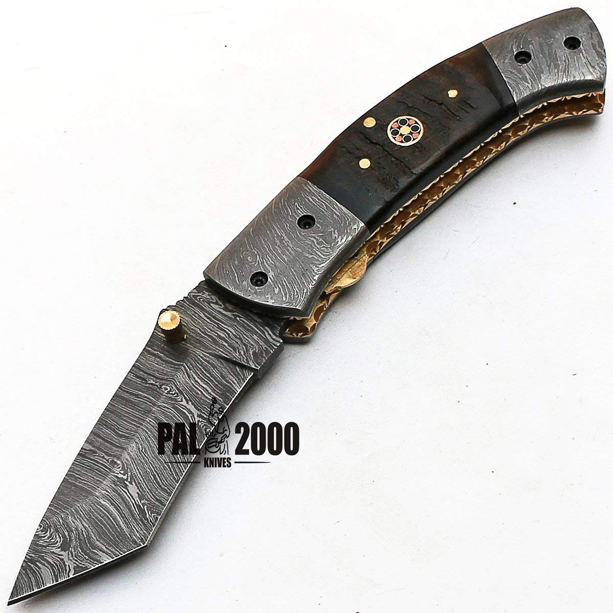 PAL 2000 KNIVES REG-8851 Custom Handmade Damascus Steel Folding Ram Handle Knife With Sheath