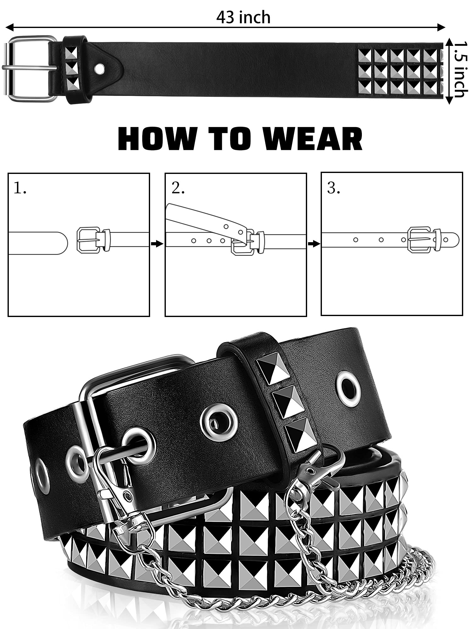 Studded Belts Punk Rock Belts for Women Threads Goth Pyramid Pu Leather Belts with Chains for Gothic Clothing Accessories (Black)