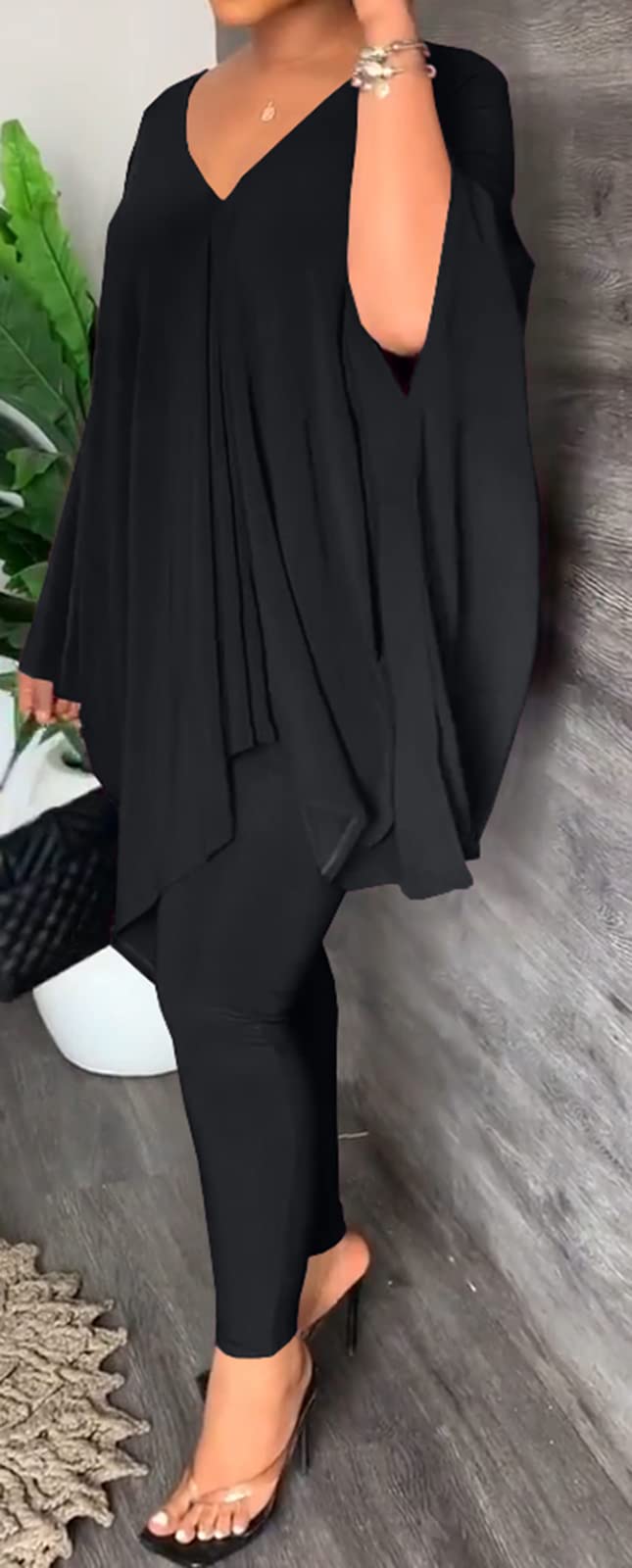 Women’s Casual 2 Piece Outfits Solid V Neck Batwing Sleeve Asymmetric Top Tracksuits Set Bodycon Long Pants 2 Piece Loungewear Black Medium