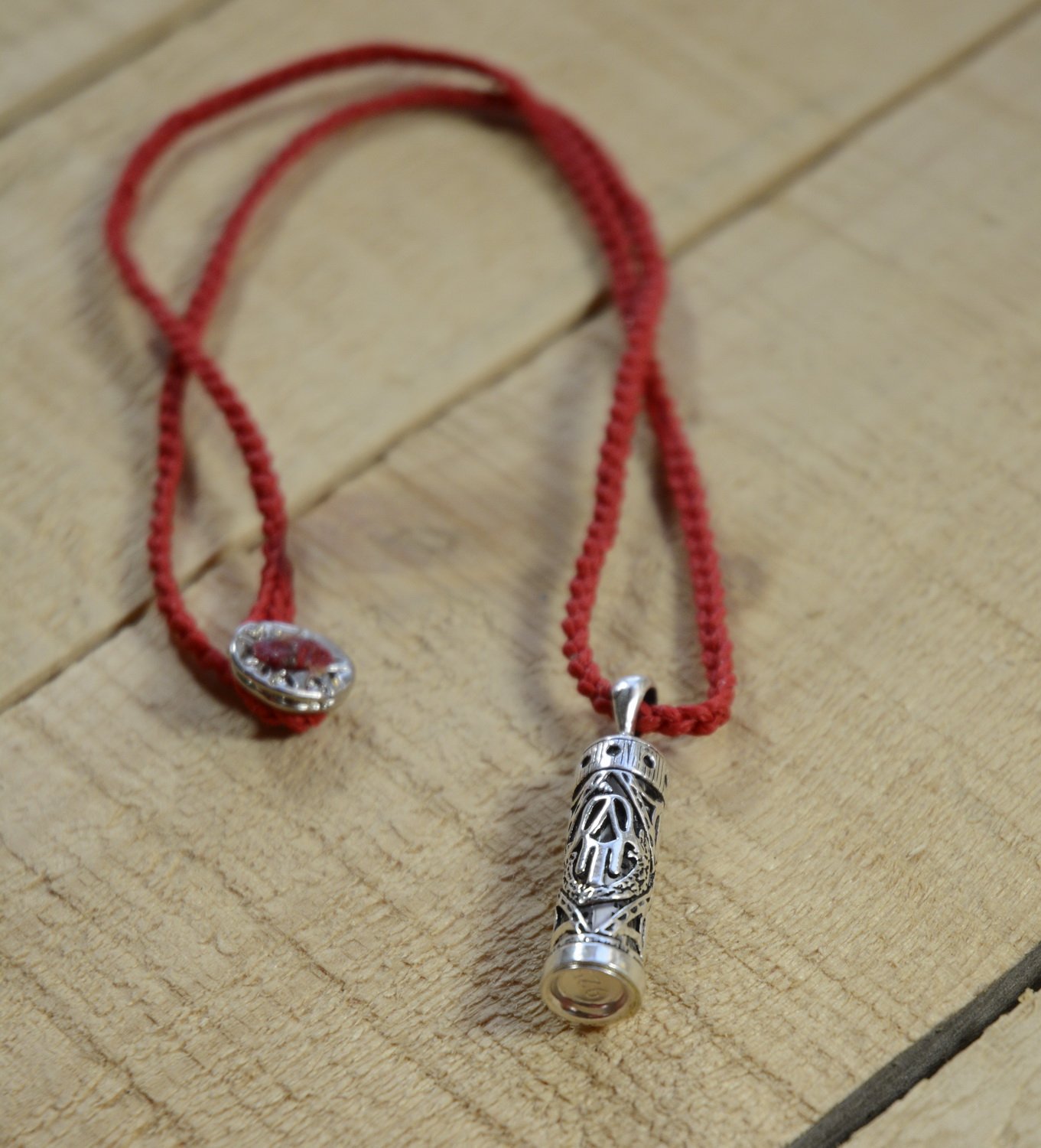 MIZZE Made for Luck Women's Traveler's Prayer in Sterling Silver Mezuzah Prayer Box on Red Knitted Necklace