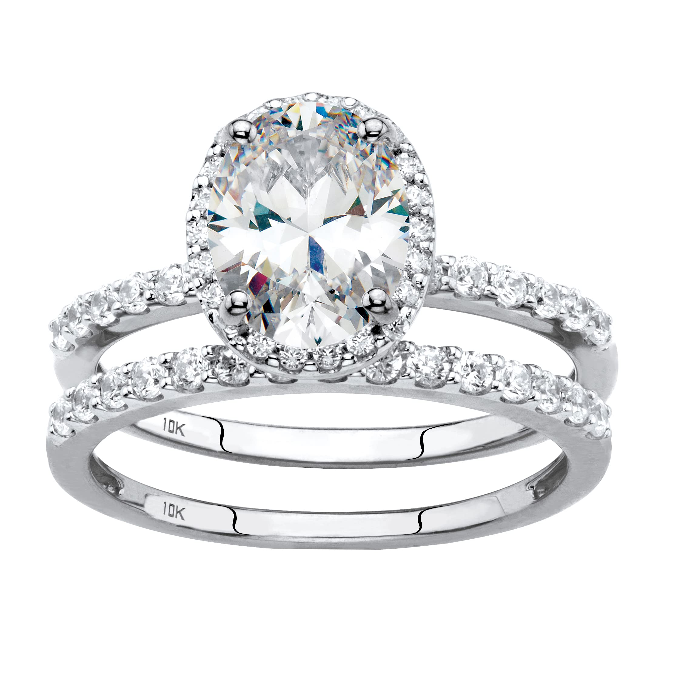 PalmBeach 10K White Gold Oval Cut Cubic Zirconia Halo Bridal Ring Set Sizes 6-10 Size 7