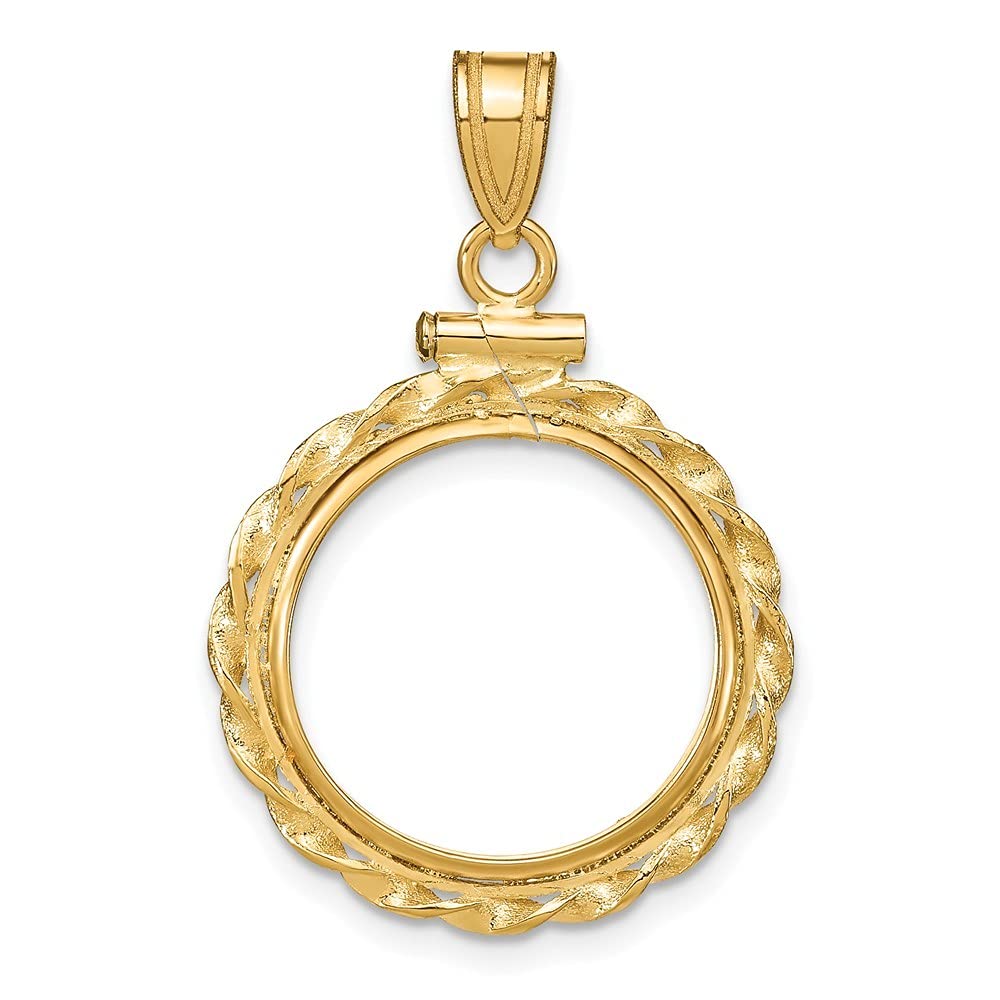 Roy Rose Jewelry Gold Coin Bezel Mounting | 1/10 oz. American Eagle Coin | 16.5mm Coins | Screw Top | Twisted Ribbon, Beaded, Rope Border Fancy Bezel Frames | Solid 14K Gold