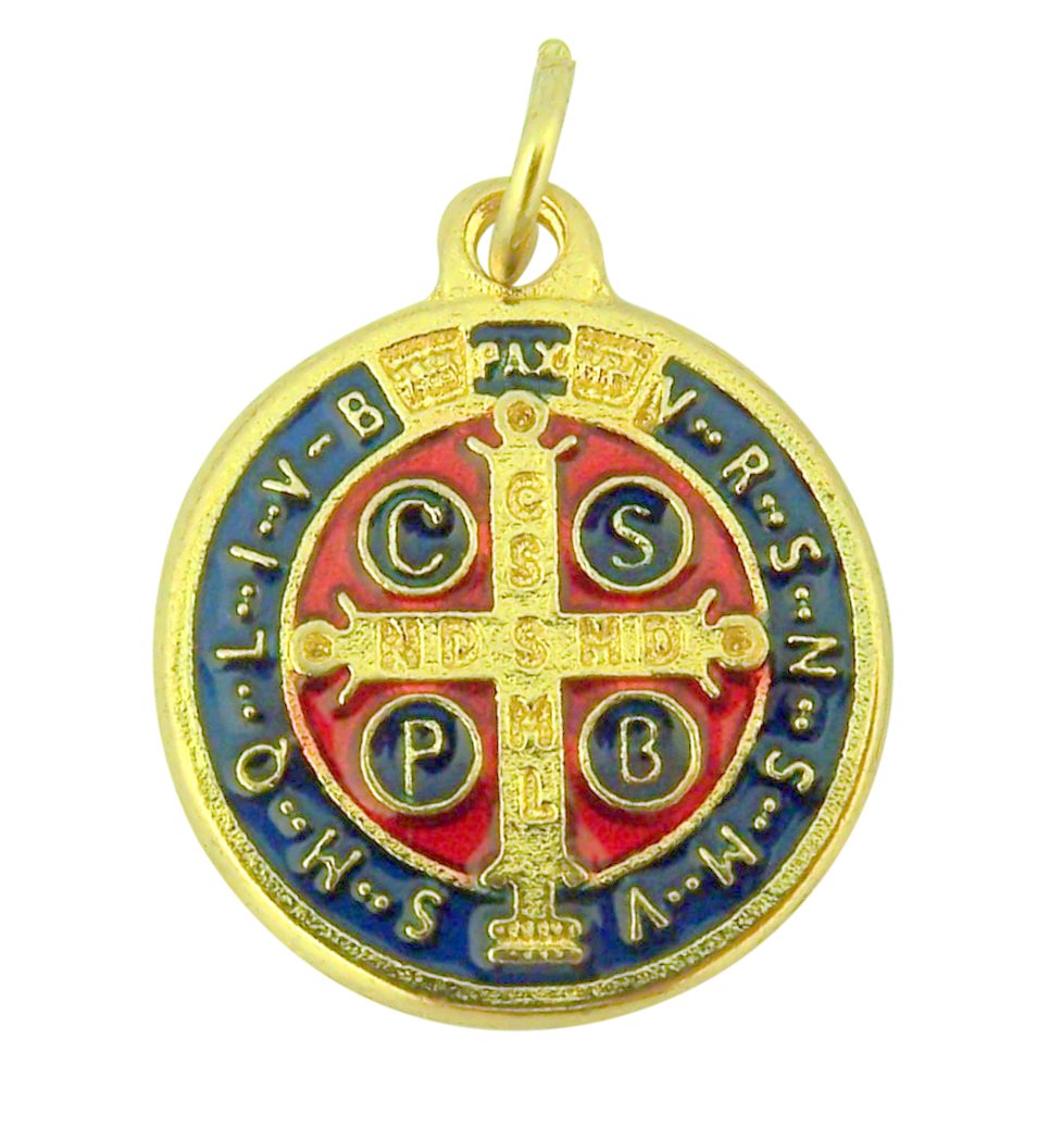NIANWUDU Gold Tone Blue and Red Enamel Saint Benedict Evil Protection Medal, 3/4 Inch