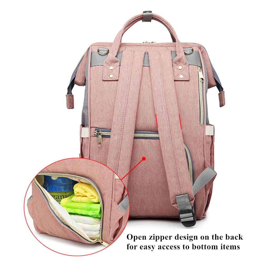 Multi-Function Diaper Bag for Baby Care Wide Open Nappy Bags Large Capacity Handbags Travel Backpack Waterproof Lightweight Pink/Dark grey