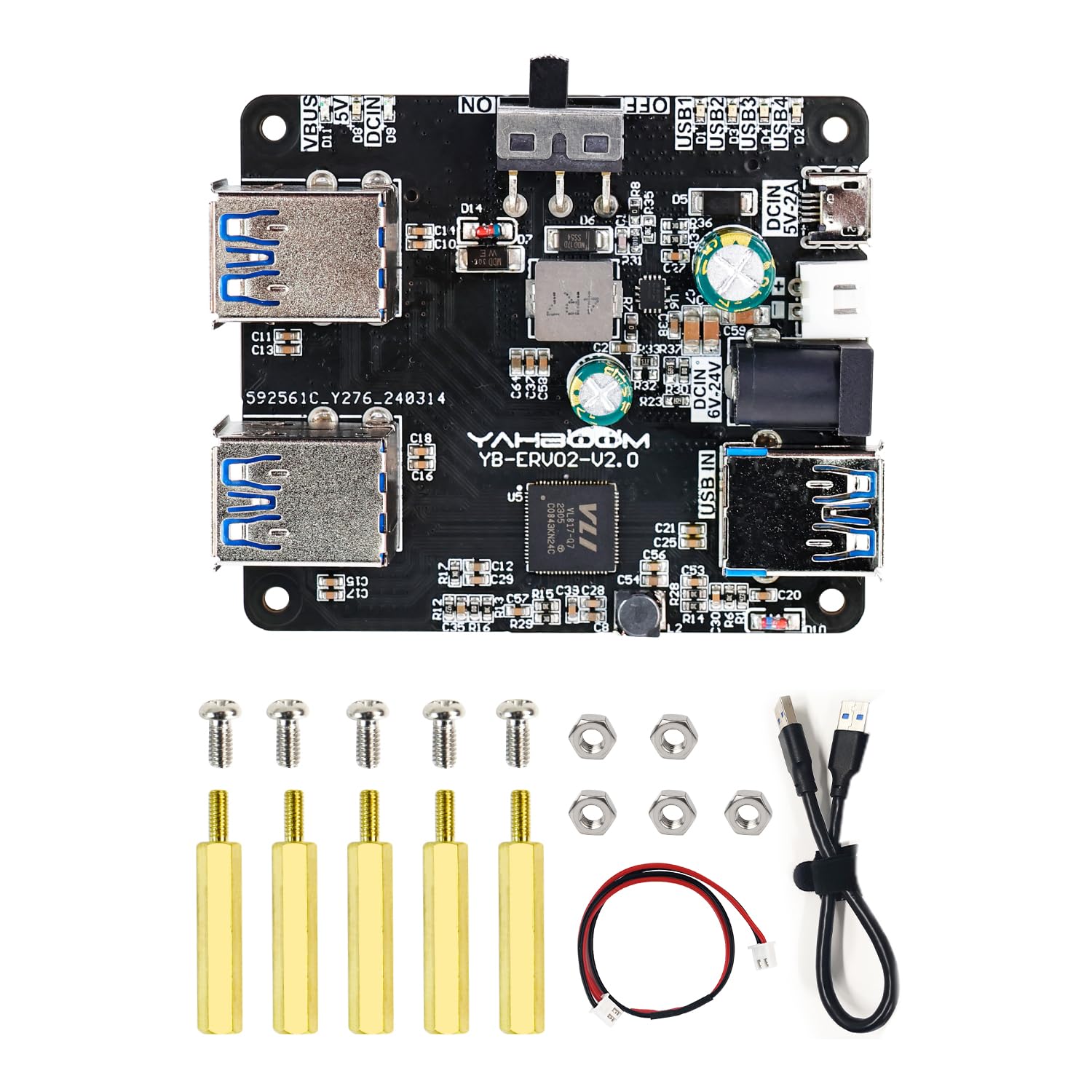 Yahboom 4 Port USB 3.0 Hub for Raspberry Pi Jetson Nano ROS Robot, Compatible with USB 3.0/2.0/1.1 Driver-Free Plug&Play, Onboard External USB-A,5V (micro-USB),9~24V Power Port, for High-power Device