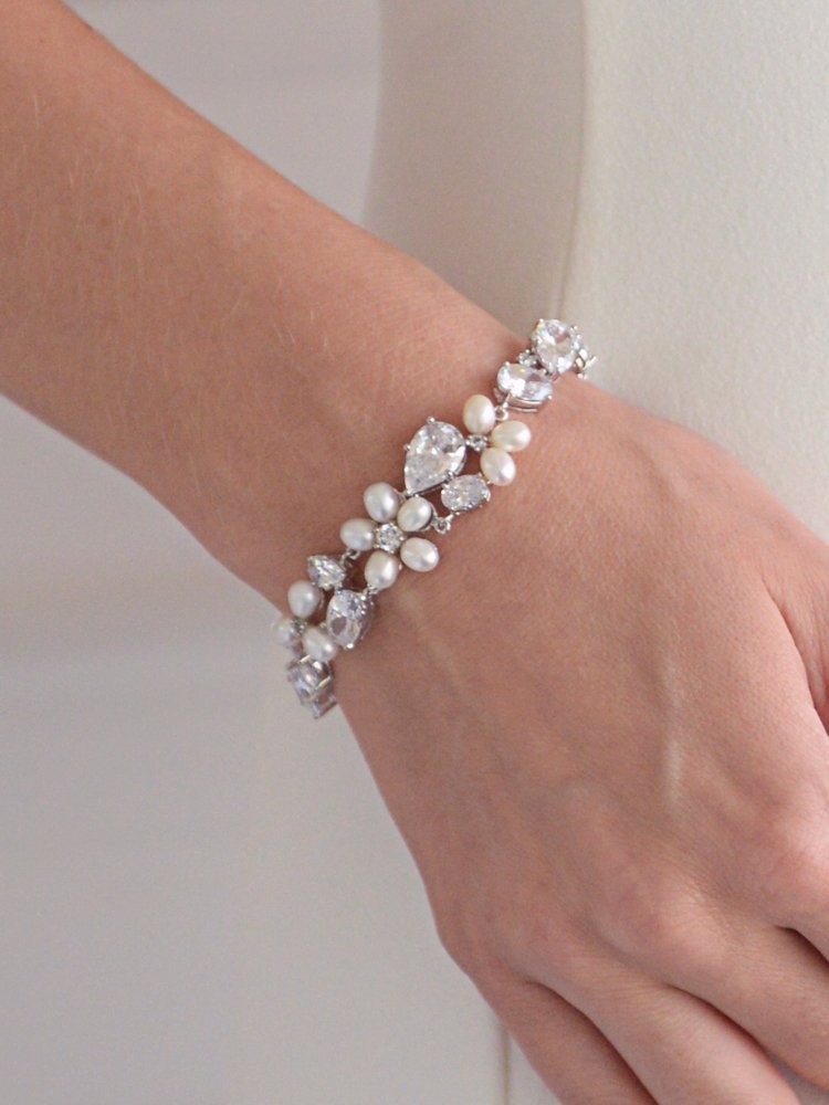 Mariell Cultured Freshwater Pearl Cubic Zirconia Crystal Bridal and Wedding Bracelet - Platinum Plated