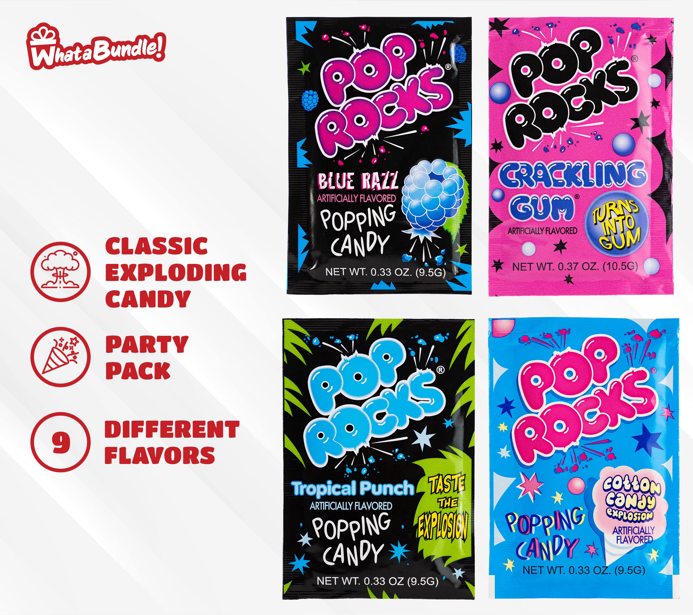 Pop Rocks Candy Variety Pack (9 Pack - 1 of All 9 Flavors) - Nostalgic 90s Old School Popping Candy for Parties - Bundle with WhataBundle! Pocket Bag