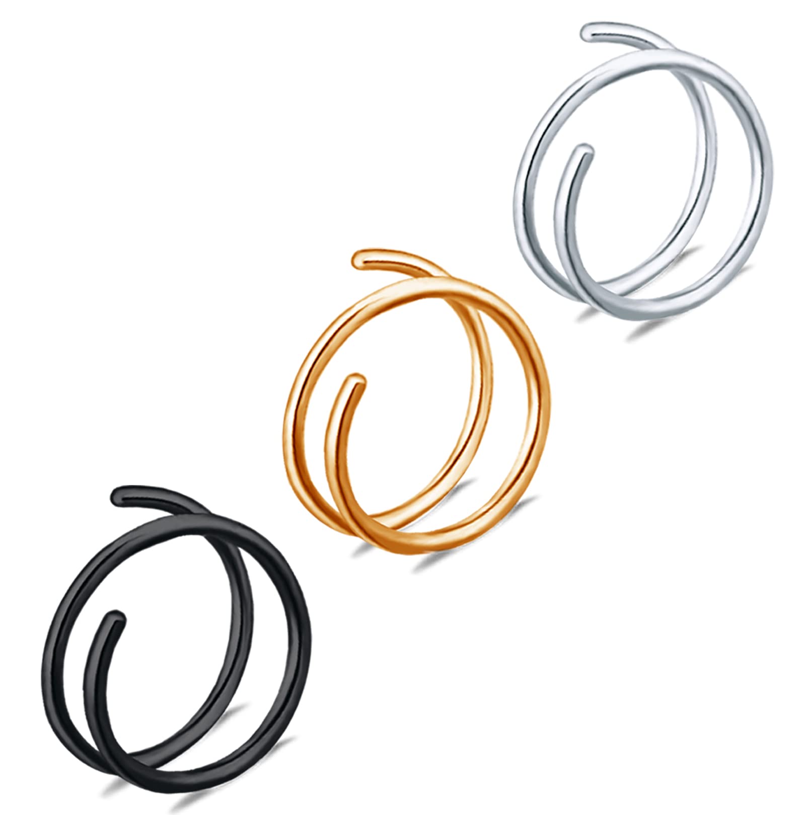 Tanreeqee Nose Rings Hoops Double Nose Ring for Single Piercing Double Nose Hoop Spiral Nose Ring Hypoallergenic Stainless Steel Nose Rings for Women Men(3 pcs A