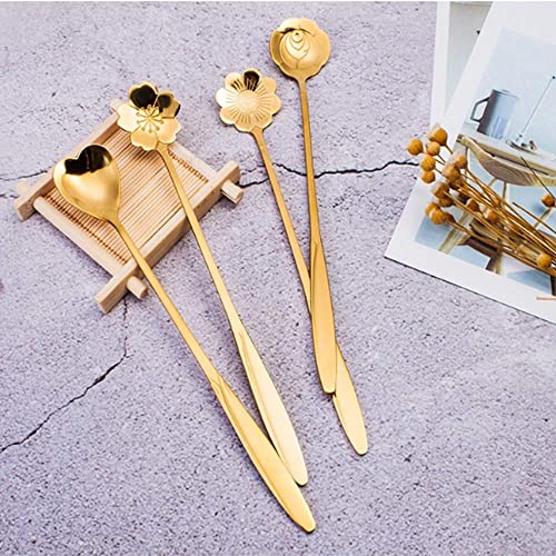 Stainless Steel Tableware Creative Flower Coffee Spoon, Sugar Spoon, Stirring Spoon, Mixing Spoon, Stir Bar Spoon, Tea Spoon, Ice Tea Spoon for Tea, Cake, Dessert Ice Cream Spoon, Set of 4, (Gold - 4)