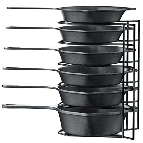MUDEELA 6 Tier Heavy Duty Pan Organizer, Pan Rack Holds Cast Iron Skillets, Griddles and Shallow Pots, Pan Organizer Rack for Cabinet Kitchen, Durable Steel Construction, No Assembly Required