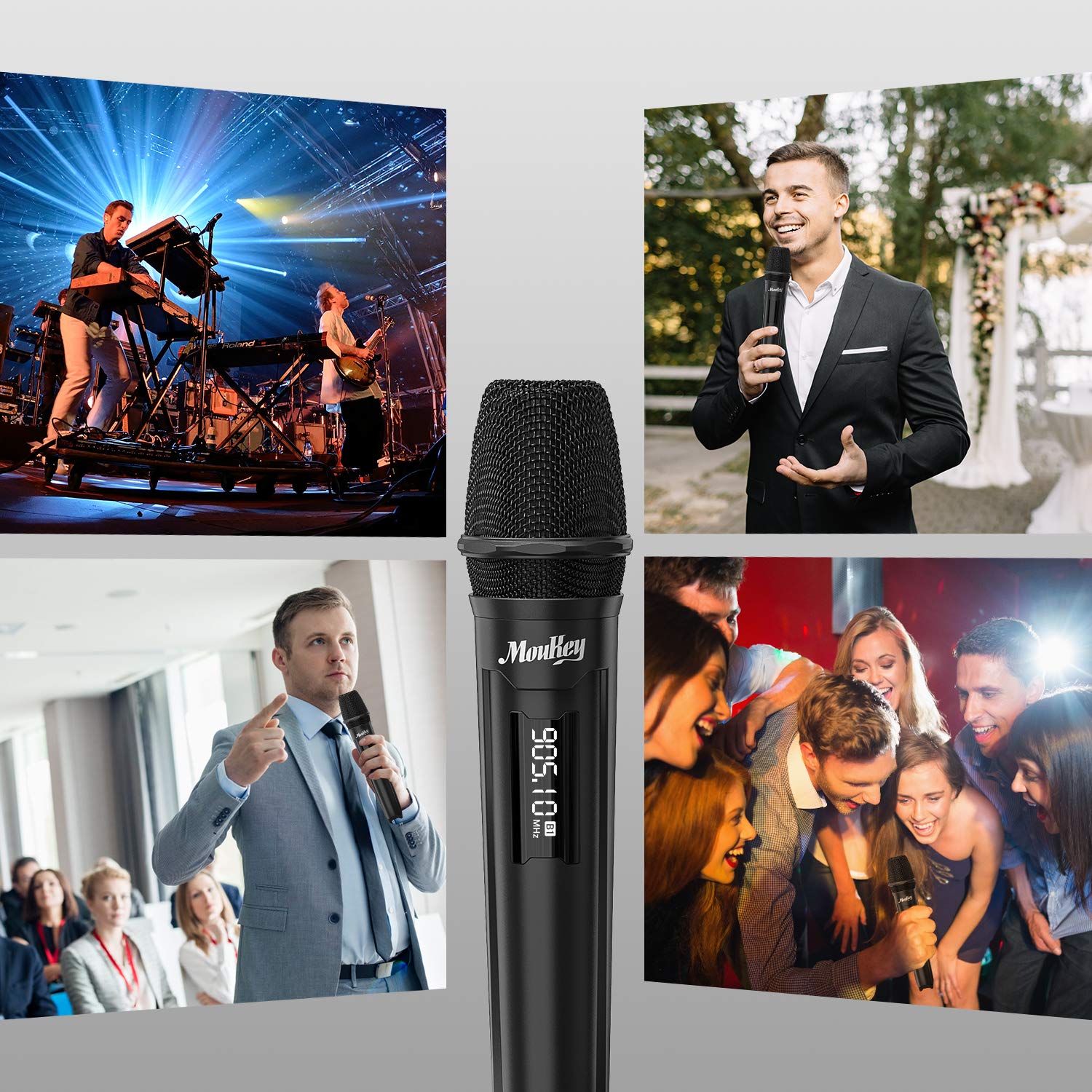 Moukey Wireless Microphone, Dual Handheld Dynamic Karaoke Microphone, Anti-Interference, Superior Sound, 295ft Range, UHF Mics for Karaoke/Voice Amplifier/PA System/DJ/Church/Party/Meeting/Wedding
