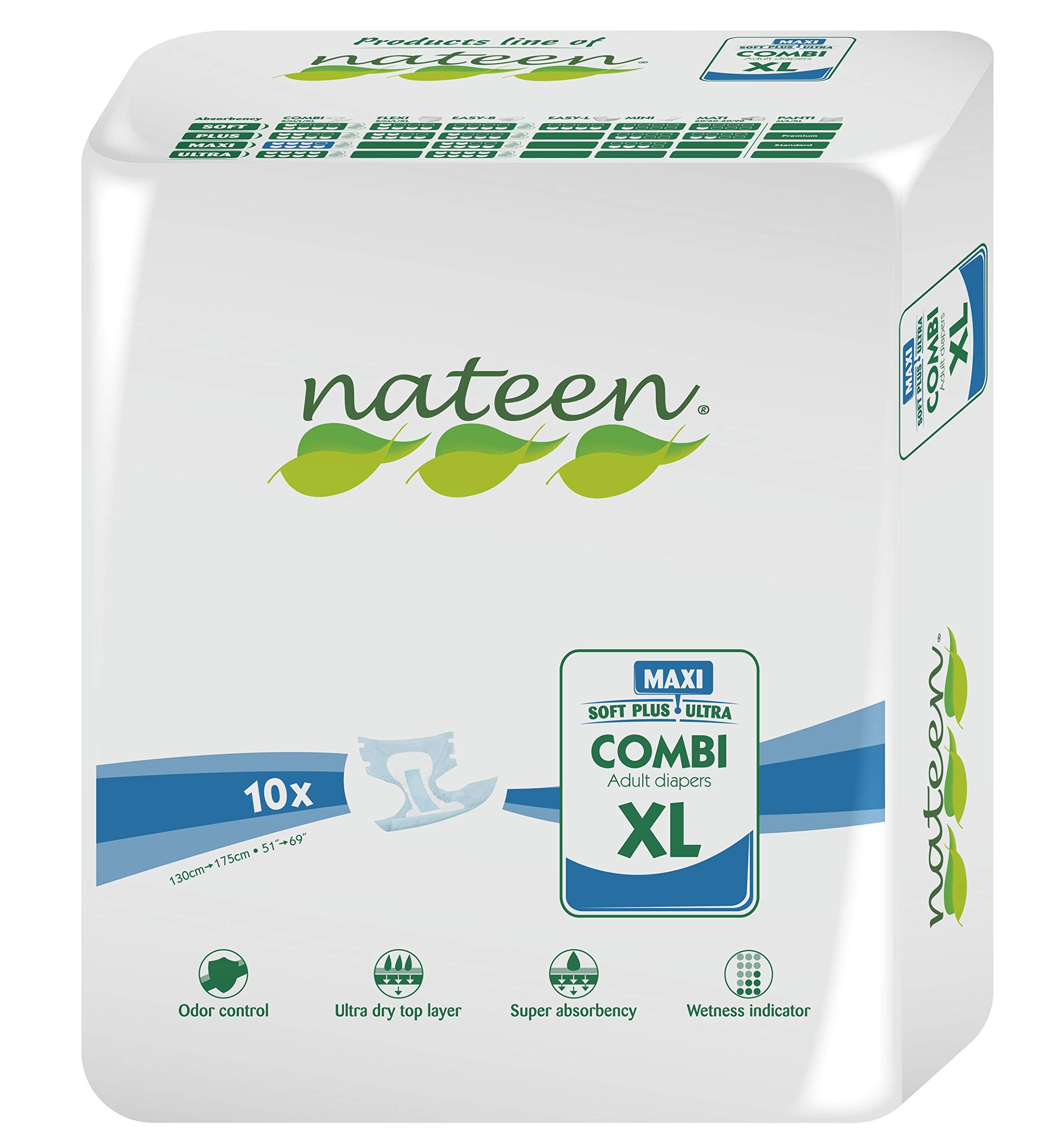 Nateen Combi Maxi Super Absorbent Hypoallergenic Adult Diapers, Breathable Odor Control Incontinence Briefs, X-Large 52"-59" with 10 Per Pack