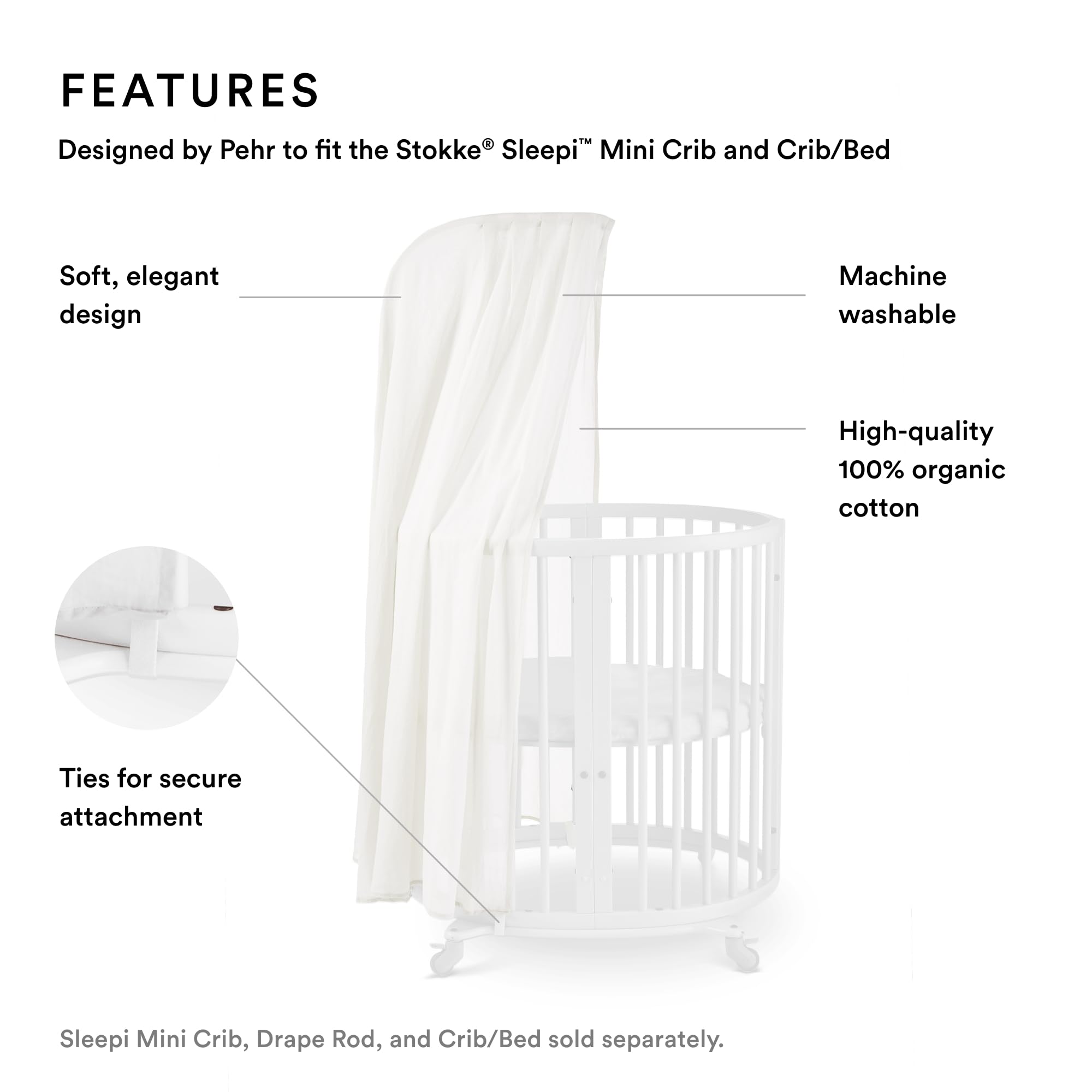 Stokke Sleepi Canopy by Pehr, Natural - for Sleepi Mini & Crib/Bed (Sold Separately) - Washable Soft Organic Cotton