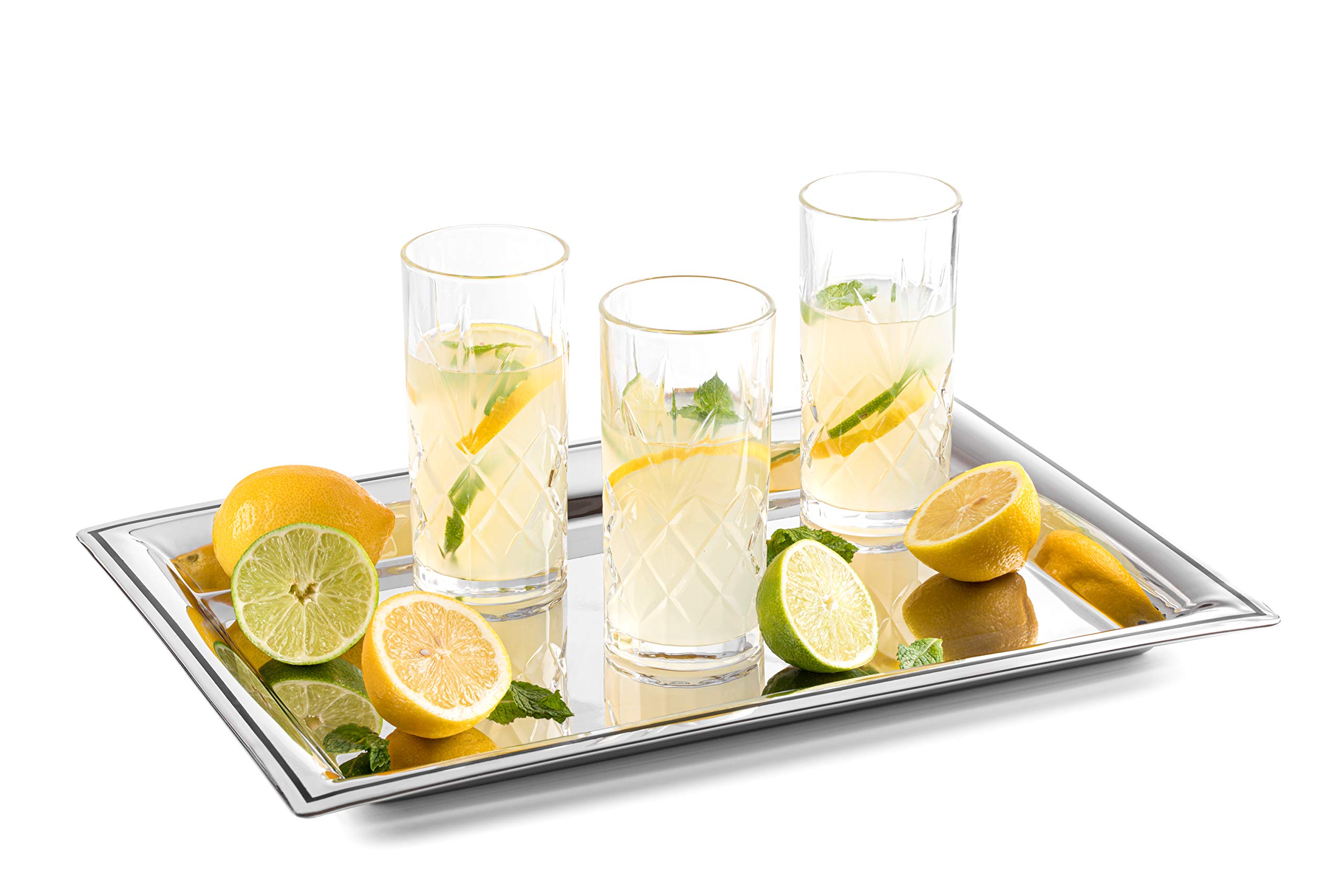 Royalty Art Fancy Serving Tray, 16” x 9.5”, Polished Silver Stainless Steel, Elegant Home Decor for Appetizers, Hor Dourves, Wine, and Event Hosting, Engraved Black Line