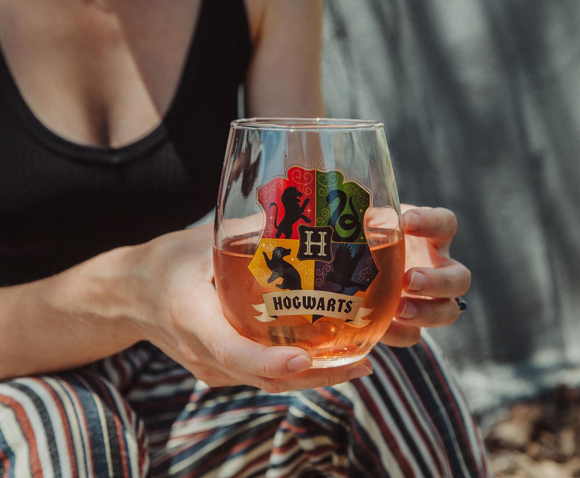 Silver Buffalo Harry Potter Hogwarts Crest 20-Ounce Stemless Wine Glass | Wizarding World Tumbler Cup For Mimosas, Cocktails