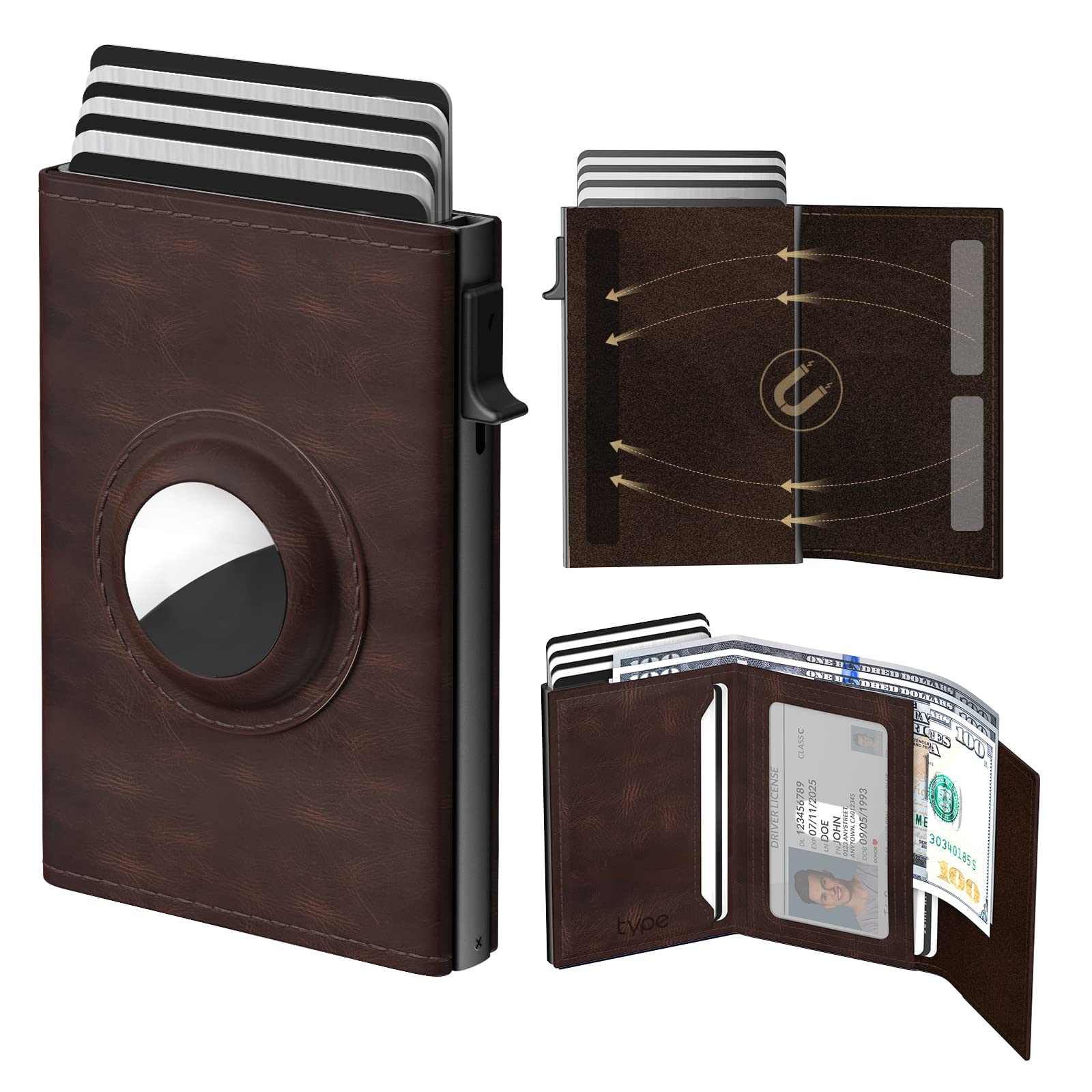 Mens Wallet Card Holder for AirTag: Leather Smart Wallet for Men Compatible with Apple Air Tag, RFID Blocking, Slim, Carbon Fiber, Minimalist - 9-14 Card Capacity | ID Window | Cash Slot (Brown)