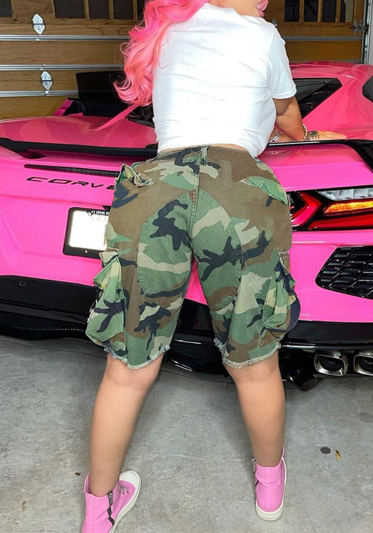 Molisry Camouflage Shorts for Women Elastic Waist Military Cargo Shorts Biker Jogger with Pockets
