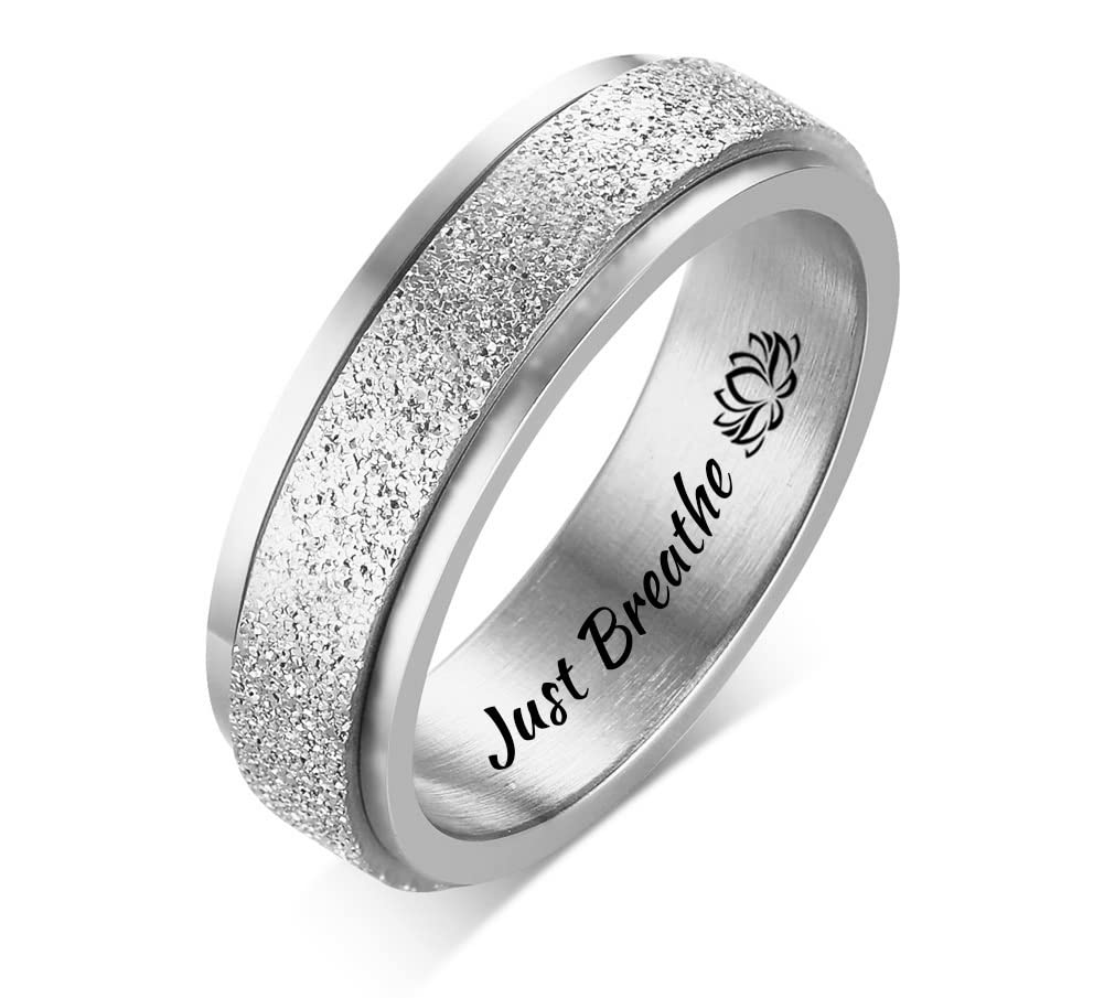 SSZYU Just Breathe Stainless Steel Sandblasted Glitter Finish Spinning Inspirational Ring Jewelry Gifts for Women Men Teen,Birthday Graduation Encouragement Gift,Size 12