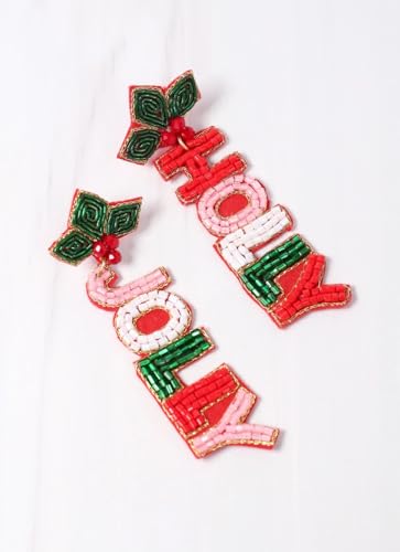 Miracle Collection Beaded Embellish Fun Christmas Tree, Candy Cane, Ho Ho Ho, Holy Jolly, Merry Bright Earrings for Christmas and Holidays (Holly Jolly)