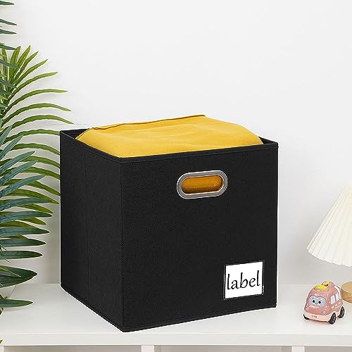 RVSNQ 13x13x13 Storage Cube Bins (Set of 4), Fabric Cubes Storage Bin with Metal Handles and Label, Collapsible Cube Storage Organizer Bins for Home, Office, Closet, Shelves, Nursery(Black)