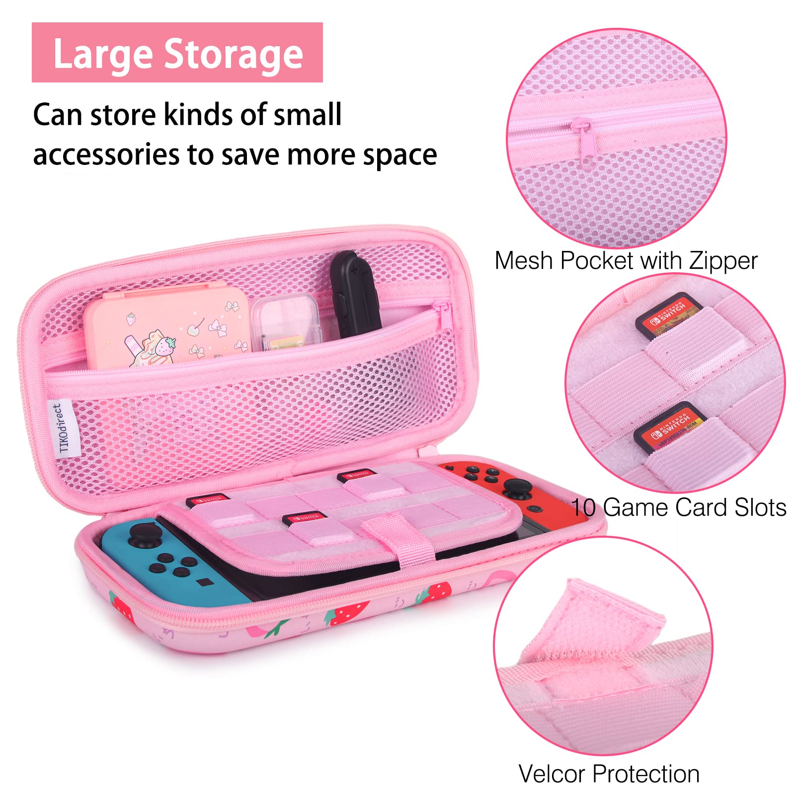 TIKOdirect Carrying Case for Nintendo Switch, Cute Portable Travel Case 8 in 1 Accessories with Protective Case, Screen Protectors, Stand, Game Card Case and Thumb grip caps, Strawberry