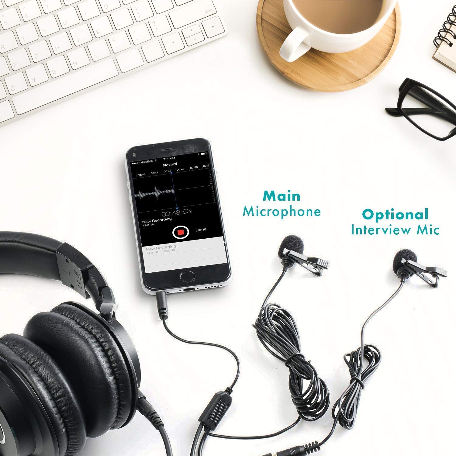 Movo Professional Lavalier Lapel Clip-on Interview Podcast Microphone with Secondary Mic and Headphone Monitoring Input for iPhone, iPad, Samsung, Android Smartphones, Tablets - Podcast Equipment