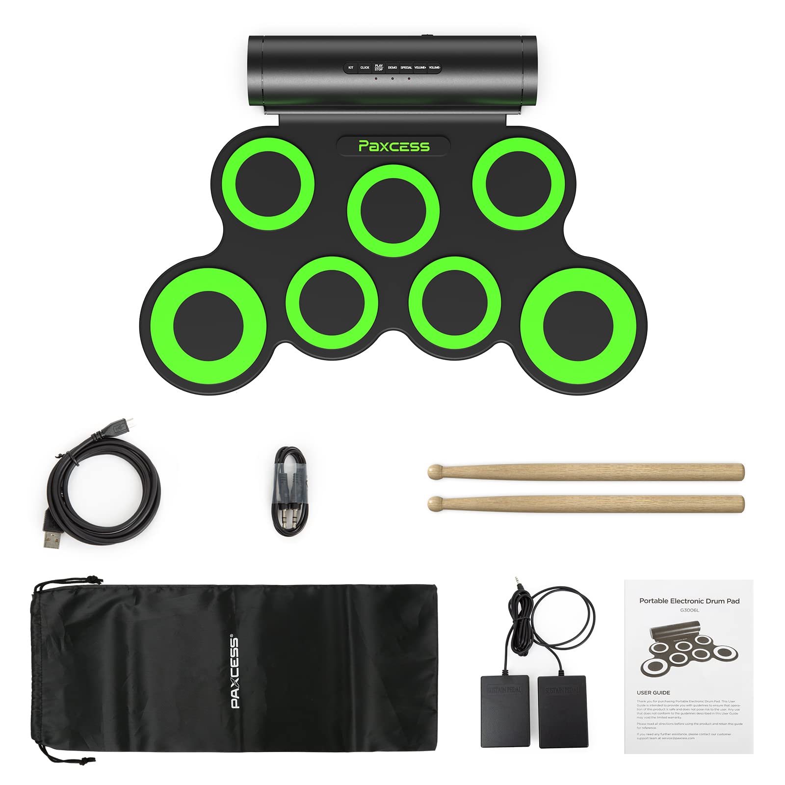 PAXCESS Electronic Drum Set, Roll Up Drum Practice Pad Midi Drum Kit with Headphone Jack Built-in Speaker Drum Pedals Drum Sticks 10 Hours Playtime, Great Holiday Birthday Gift for Kids (Renewed)