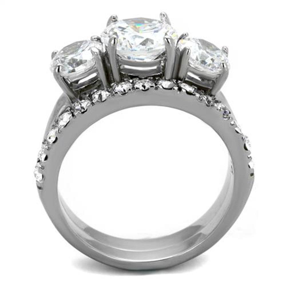 Marimor Jewelry Stainless Steel 4.17 Carat Round Cut 3 Stone Engagement and Wedding Ring Set Size 5