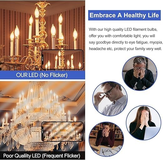 XININSUN E12 Frosted Candelabra Bulb 40W Equivalent, E12 LED Matt White Porcelain Dim-to-Warm 2000-2800K CRI 92 Excellent Color Accuracy, Dimmable LED Bulb Candle Chandelier Bulbs,6 Pack