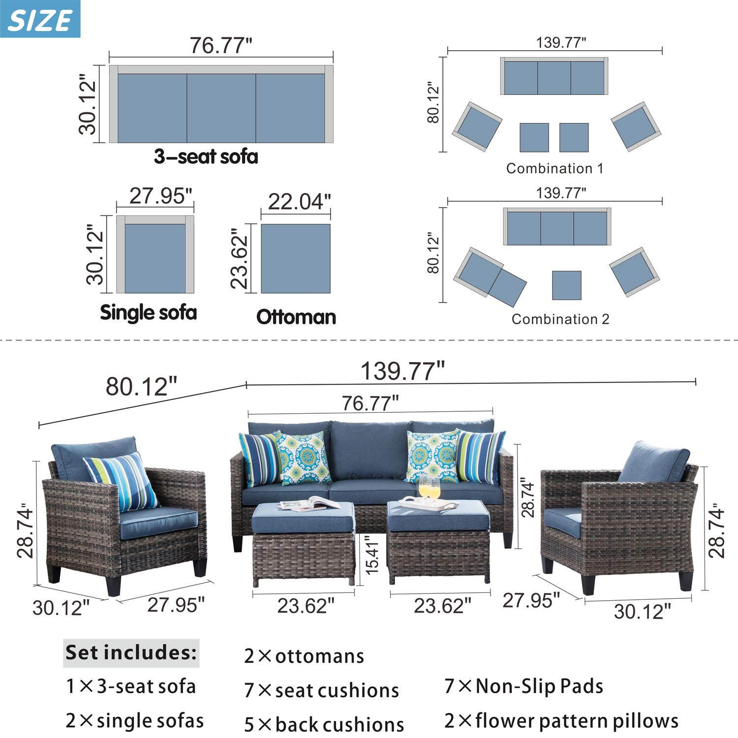 XIZZI Patio Furniture Sets Outdoor Conversation Set 5 Piece All Weather Wicker Sofa Sectional with Ottomans and 2 Pillows for Garden Backyard Deck,Grey Wicker Denim Blue