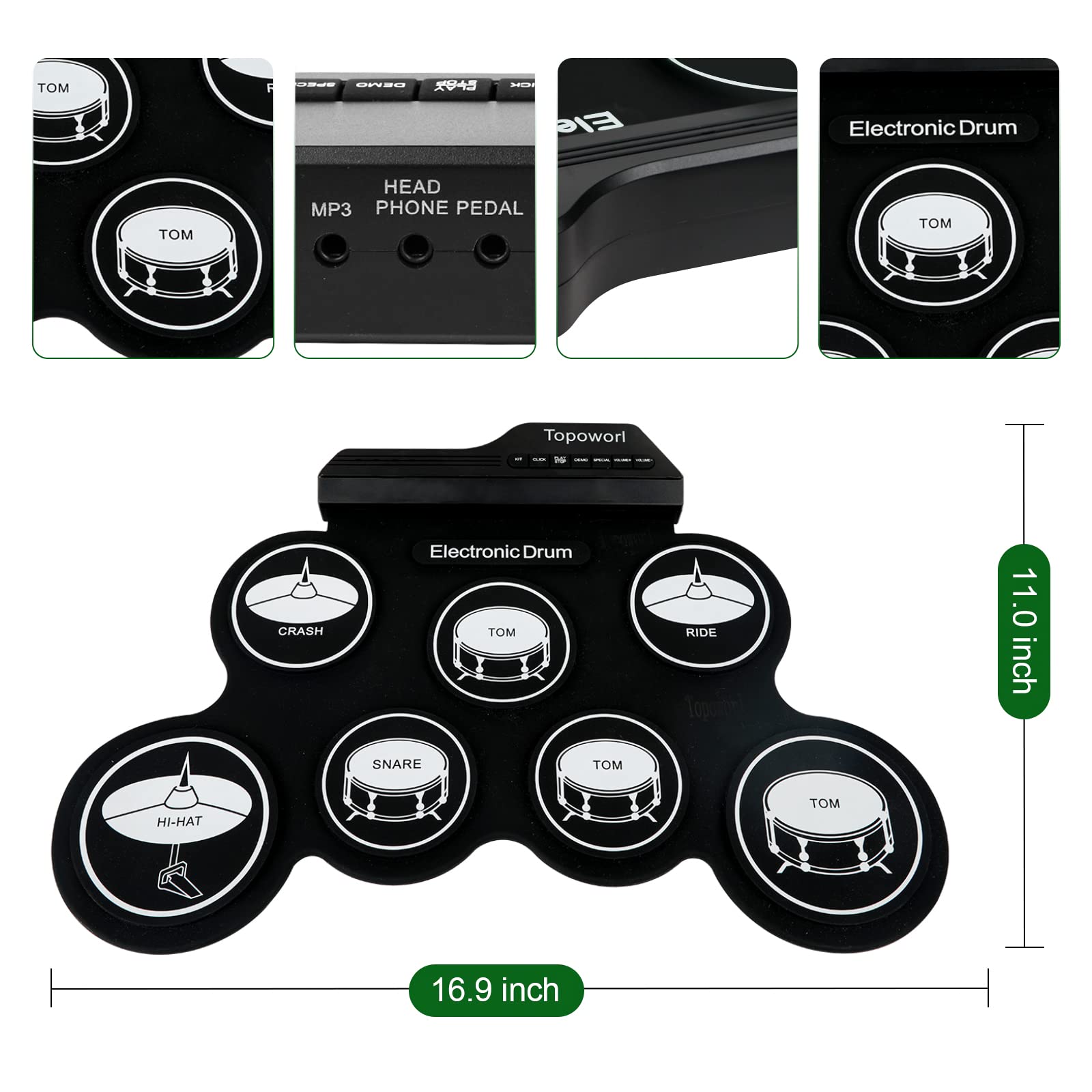 Topoworl Portable USB Electronic Drum Set with Drum Stick & Pedals Practice Drum Pad Foldable Silicone Jazz Drum Electric Drum Set (Black)
