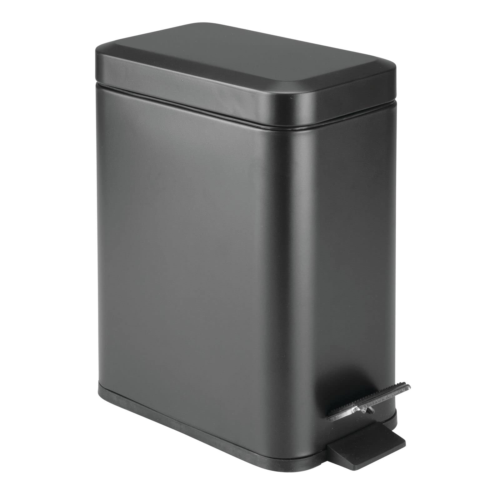 mDesign Slim Metal Rectangle 2.6 Gallon Trash Can with Step Pedal, Easy-Close Lid, Removable Liner - Narrow Wastebasket Garbage Container Bin for Bathroom, Bedroom, Kitchen, Office - Black