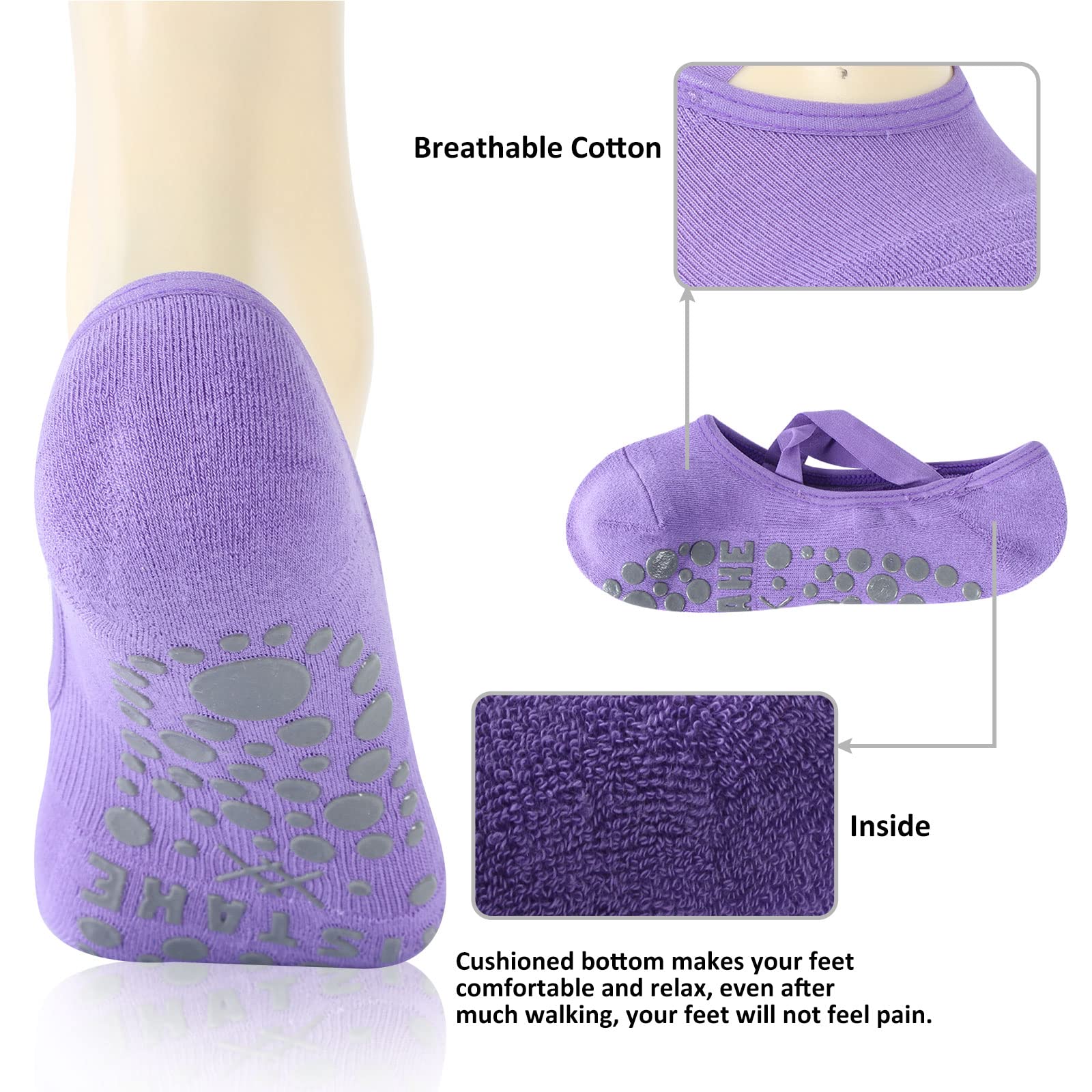 Ristake Yoga Socks, Womens Compression Cotton Sticky Hiking Running Socks for Pilates 3 Pairs Skid Proof Barre Pilates Socks with Grips