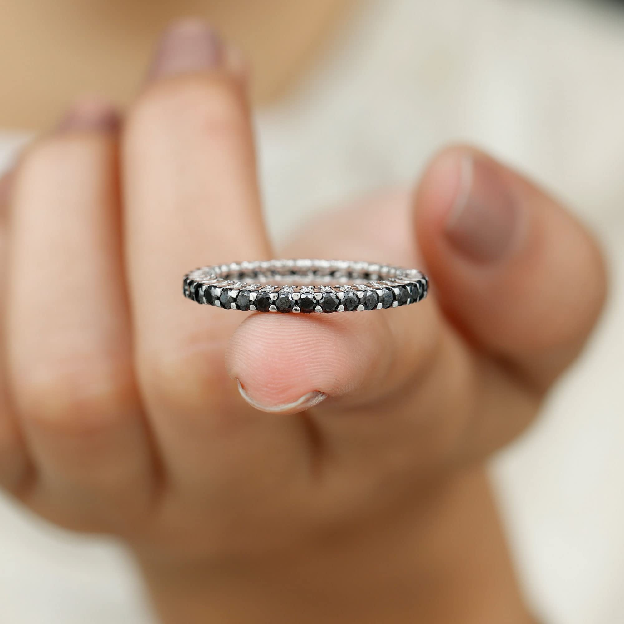 Real Black Spinel Stackable Eternity Ring, Aaa Quality, Anniversary/Wedding Band for Women, 14K White Gold, Size:US 8.00