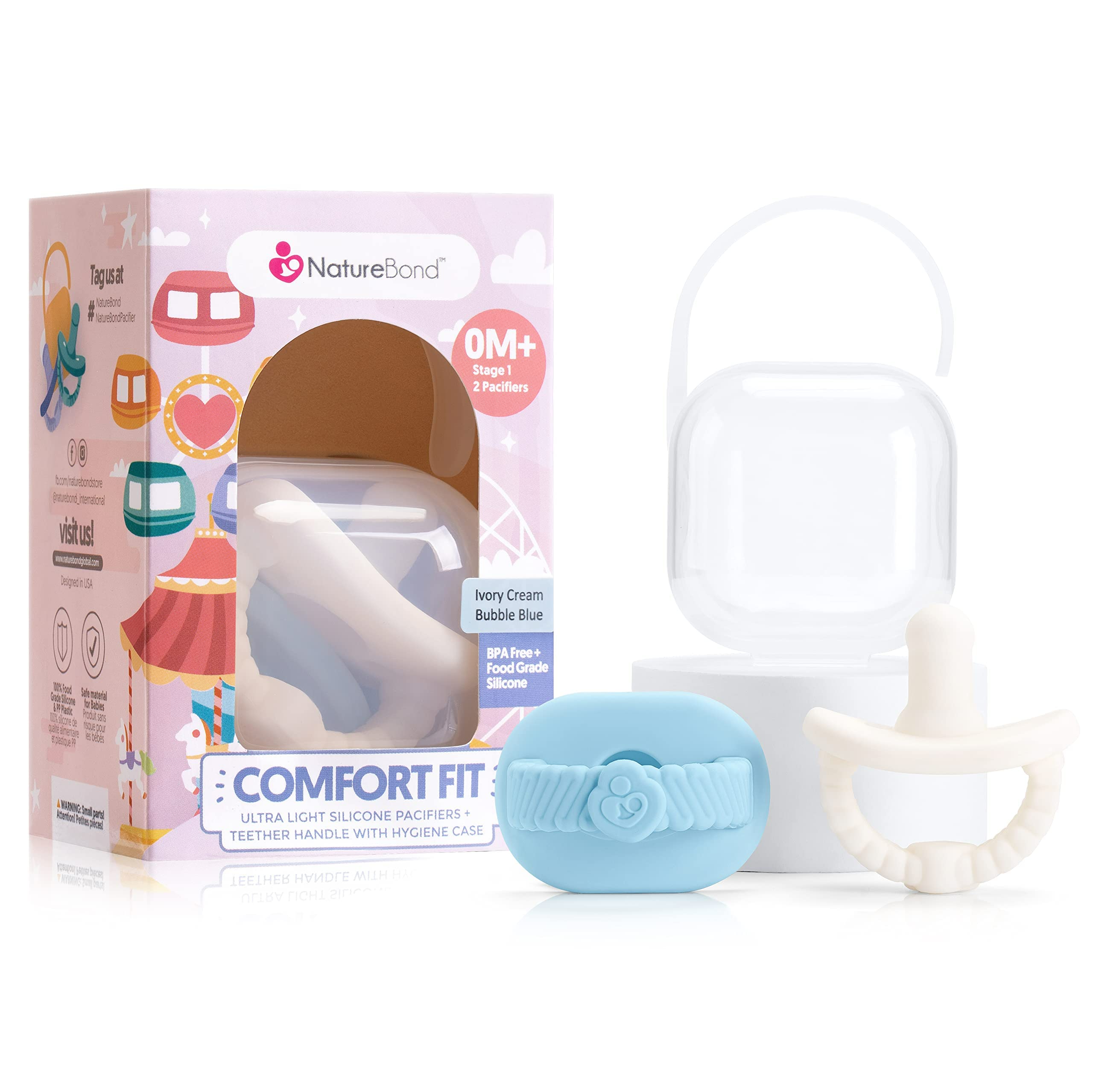 NatureBond Baby Silicone Pacifiers (2 Packs) + Pacifier Case | Soothie Pacifier 6-18 Months | Blue & Cream | BPA-Free Food Grade Silicone Binkies, Baby Boy Pacifier, Chupones para Bebes