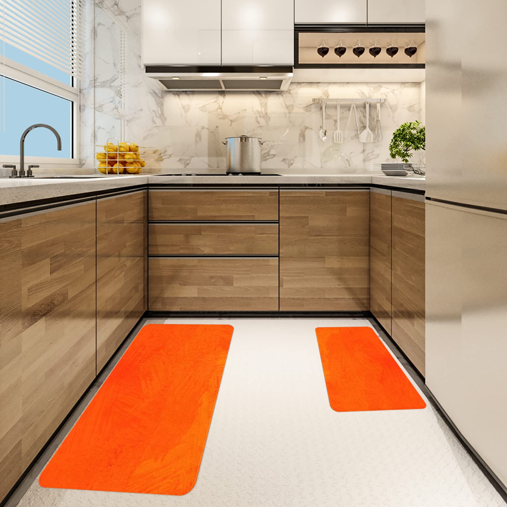 RYANZA 2 Pieces Kitchen Rugs, Abstract Anti Fatigue Non Slip Foam Cushioned Orange Tangerine Graffiti Art Comfort Indoor Floor Mat Runner Rug Set for Laundry Office Sink Bathroom (17"x48"+17"x24")