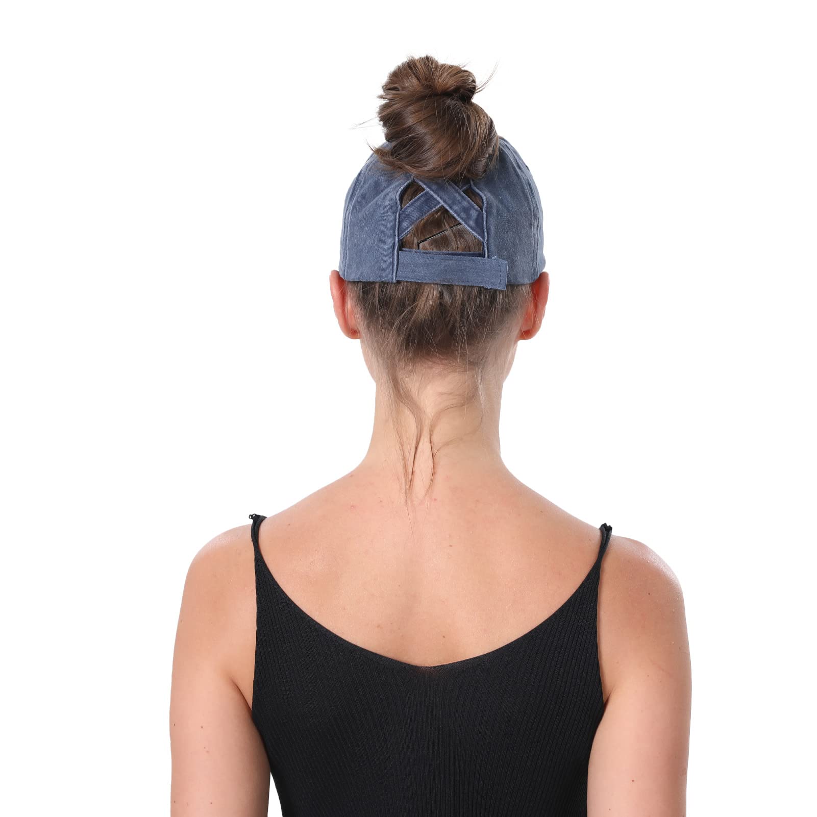 Women Distressed Ponytail Baseball Caps Adjustable Criss Cross Ponytail Hats High Messy Bun Ponycap Trucker Hat White