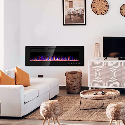 MEPTY 60" Electric Fireplace, Recessed and Wall Mounted Fireplace Insert, Fireplace Heater and Linear Fireplace with Remote Control, Timer, Adjustable Flame Color & Speed, Log Set & Crystal, Black