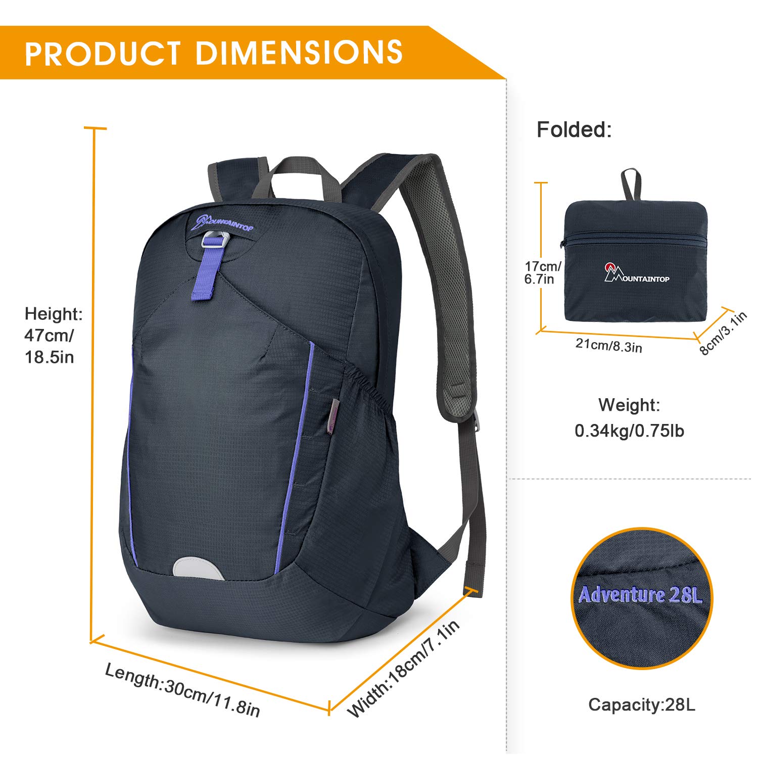 MOUNTAINTOP 28L Packable Travel Hiking Backpack Daypack