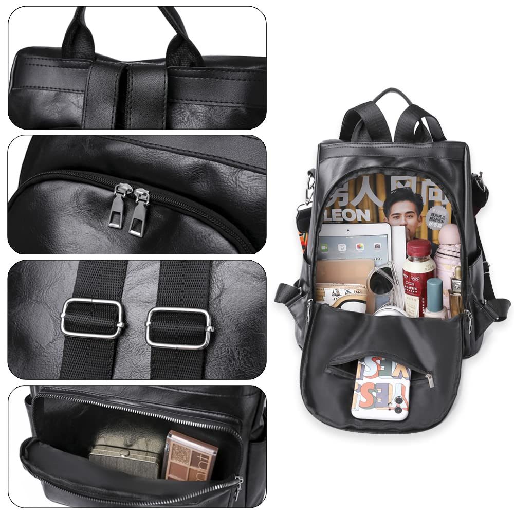XIA WEI SI Women's Fashion Backpack Purse Multipurpose Design PU Leather Travel Bag Anti-theft Shoulder Bag and Handbag (Black)