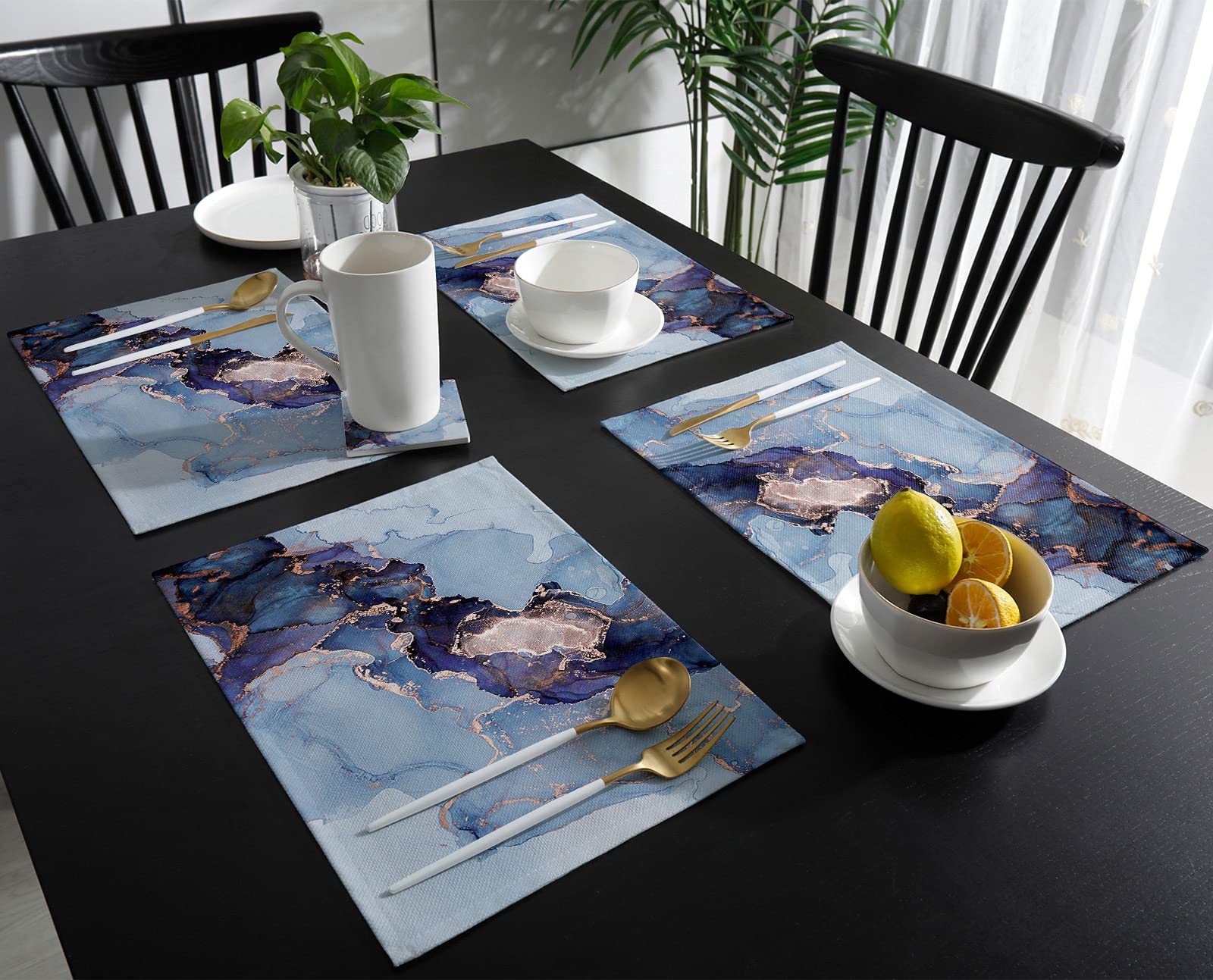 Place Mats Set of 4 - Washable Cloth Placemats Abstract Blue Purple Marble Textured Heat-Resistant Placemats for Dining Table 19 x 13 Inch