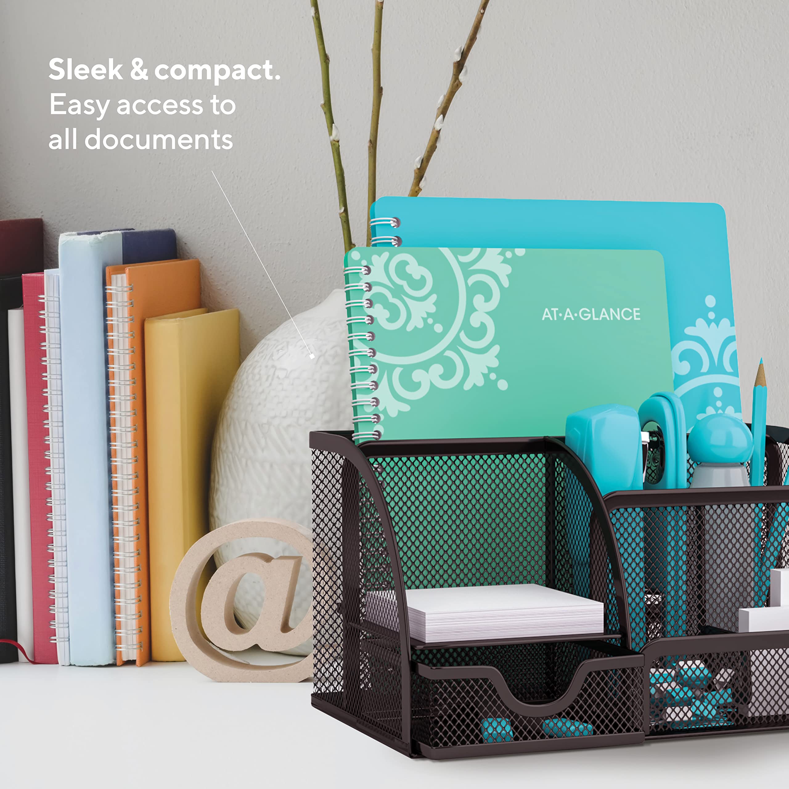 Mindspace Office Desk Organizer with 6 Compartments + Drawer + Pen & Pencil Holder | The Mesh Collection, Silver