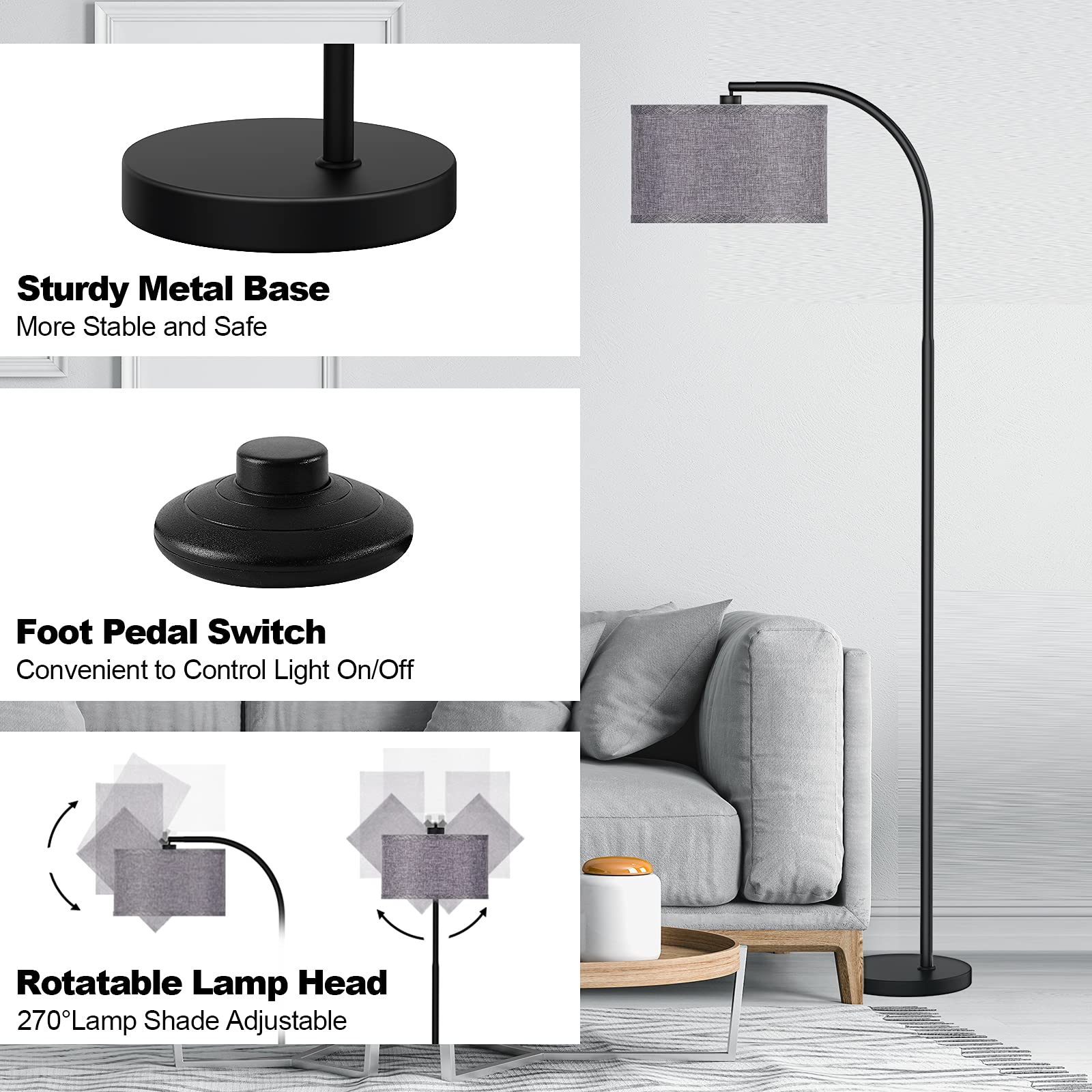 ROTTOGOON Floor Lamp for Living Room, Industrial LED Standing Lamp with 2 Lamp Shades (Grey/White), Classic Tall Reading Pole Lamp with LED Bulb, Modern Adjustable Black Floor Lamp for Bedroom Study