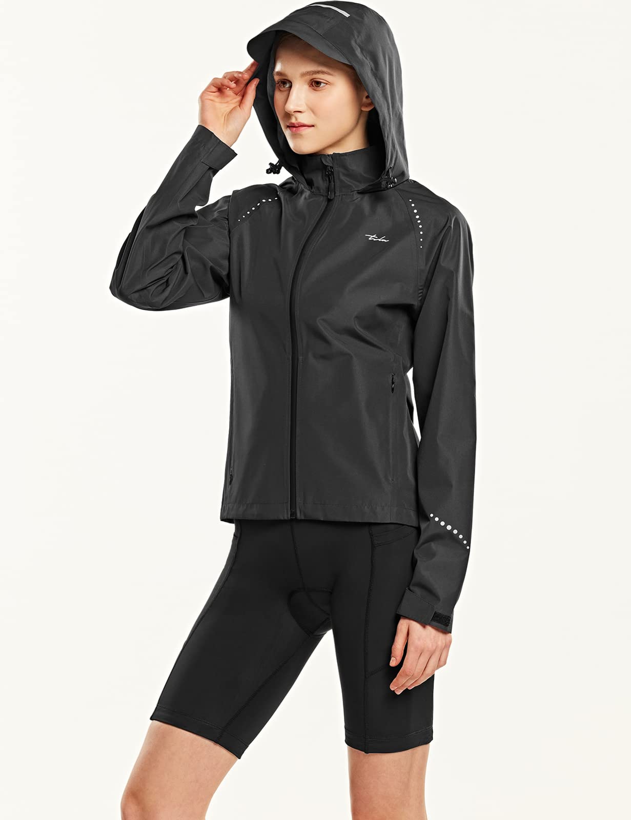 TSLA Women's Cycling Windbreaker Jacket, Waterproof Running Workout Rain Jackets, Packable Reflective Hiking Hoodie, Cycling Black, Small