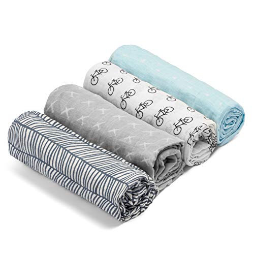 Muslin Swaddle Blankets – Soft Pure Cotton Muslin Blankets – 4 Pack of Breathable Swaddle Blankets – Unisex Baby Swaddle Blanket in Blue & Black Designs – Multi Use Muslin Blankets – 47 x 47 inches