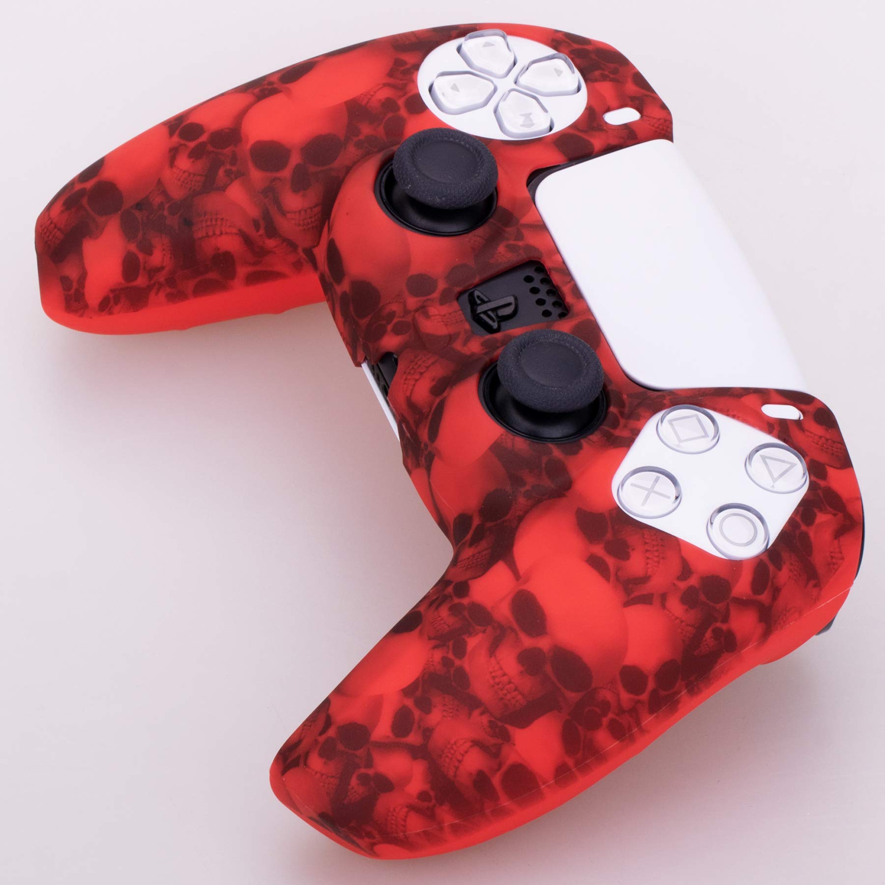 Playrealm Soft Stamp Silicone Skin Cover x 2 & Thumb Grips x 8 for PS5 Dualsenese Controller (Skulls Red+Purple)